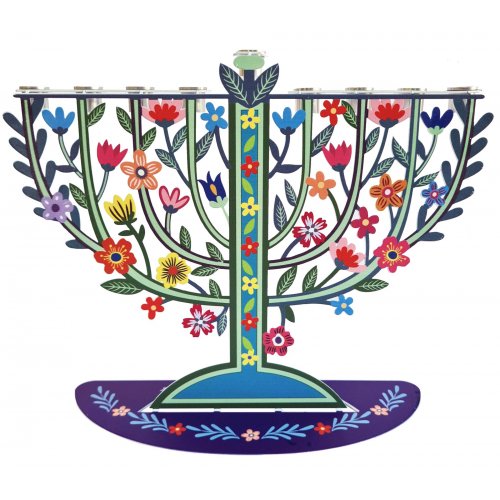 Laser Cut Chanukah Menorah with Colorful Flowers and Leaves - Dorit ...