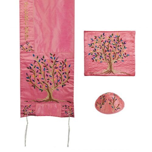 Polysilk Tallit Set Embroidered Tree of Life Pink - Yair Emanuel ...